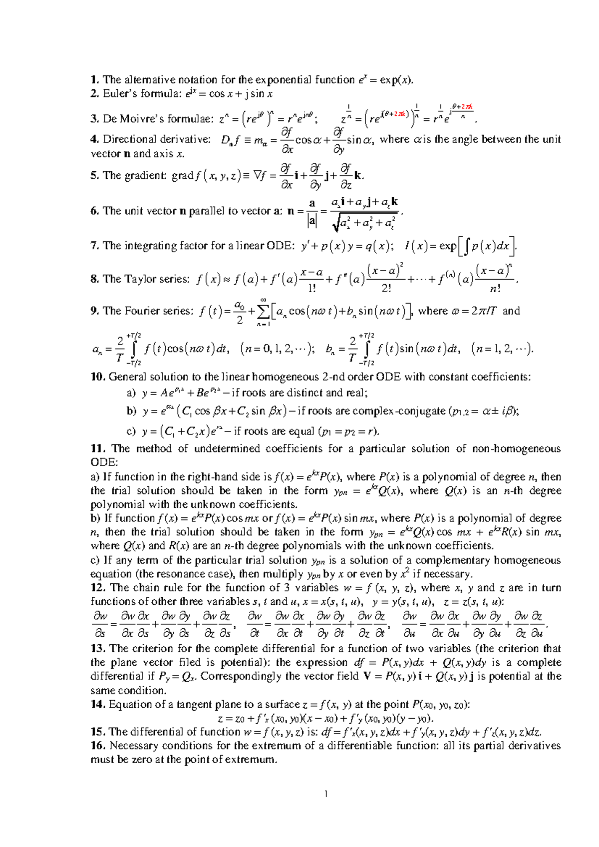 Formula sheet - Summary Advanced Engineering Mathematics - 1 The ...