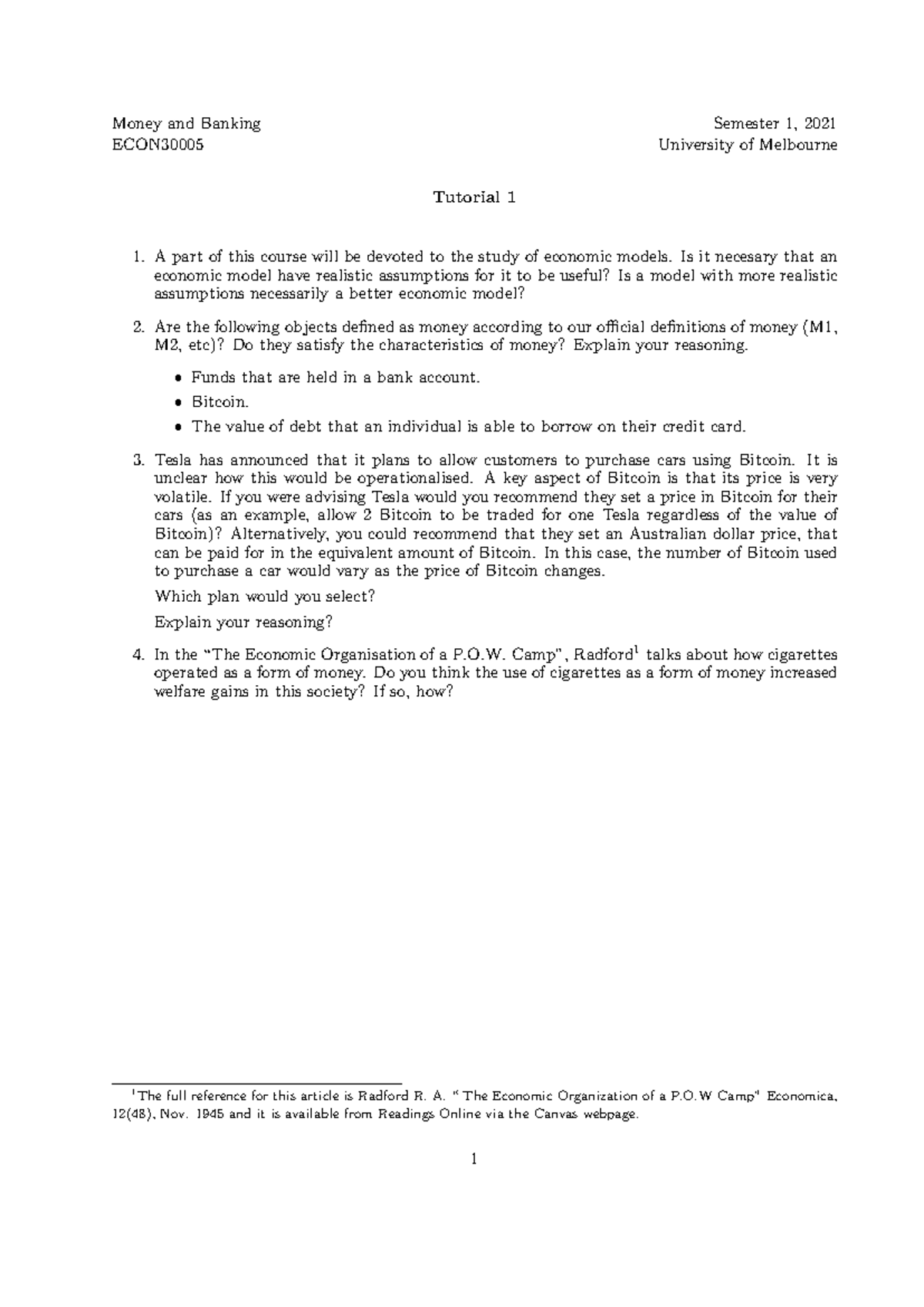 Week 1 Tutorial Sheet - Money and Banking ECON Semester 1, 2021 ...