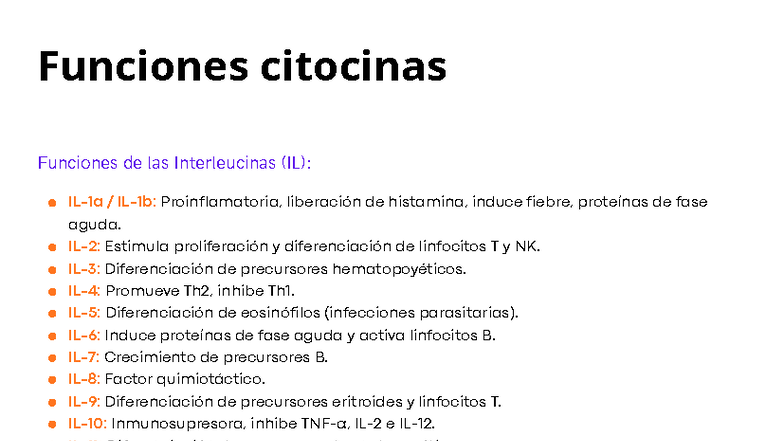 Funciones de las Interleucinas (IL): Proinflamatorias y Más - Studocu