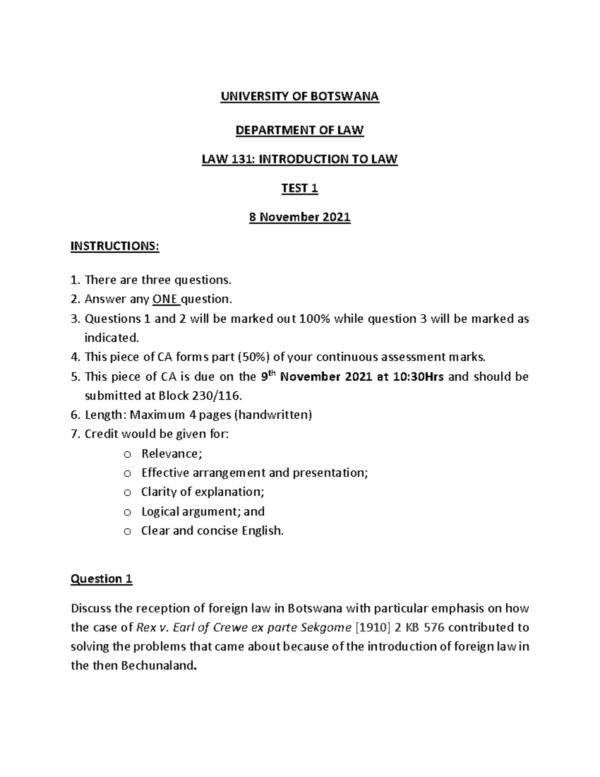 LAW 131: Introduction to Law Test 1 - Revision Paper - Studocu