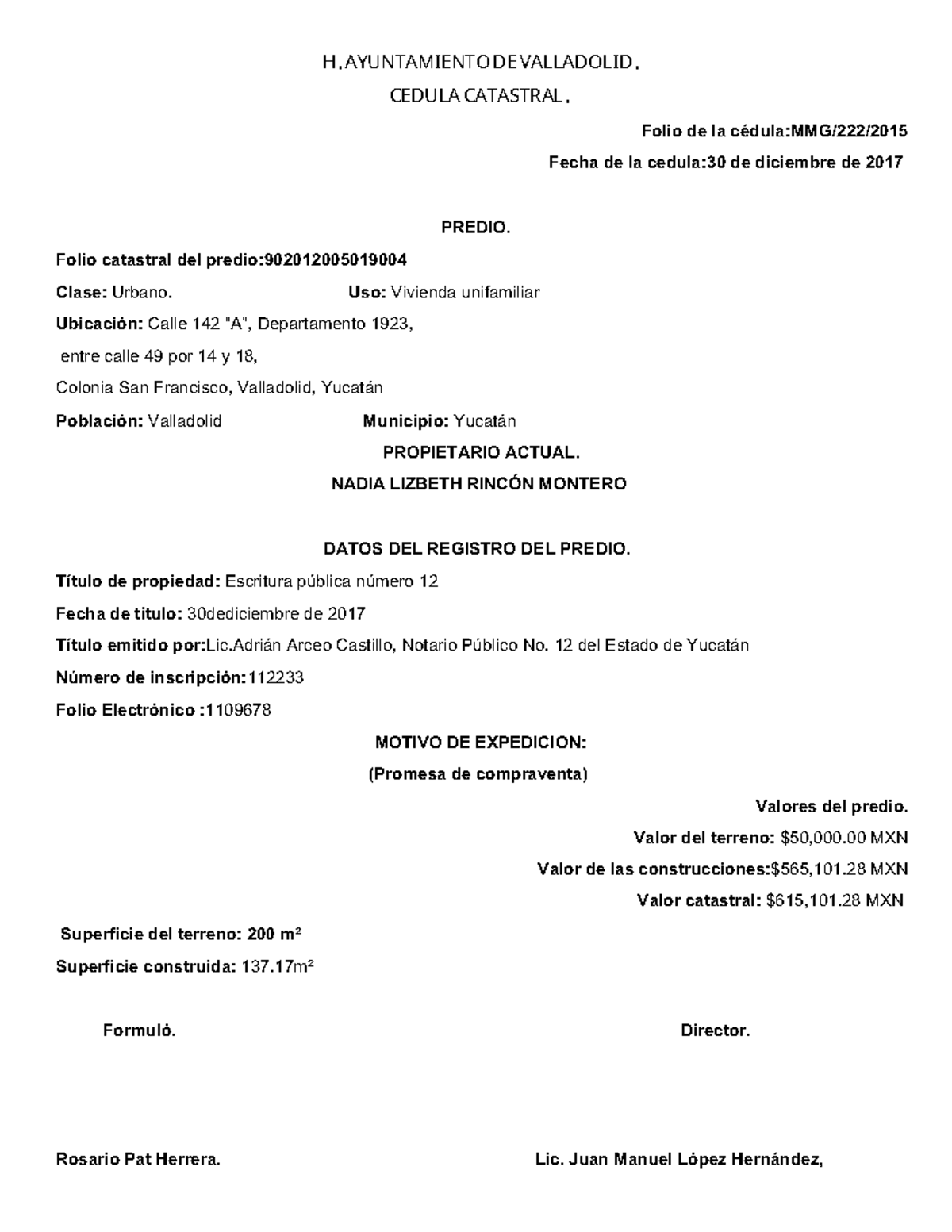Cedula Catastral de Propiedad - Nadia Rincón Montero, Valladolid - Studocu