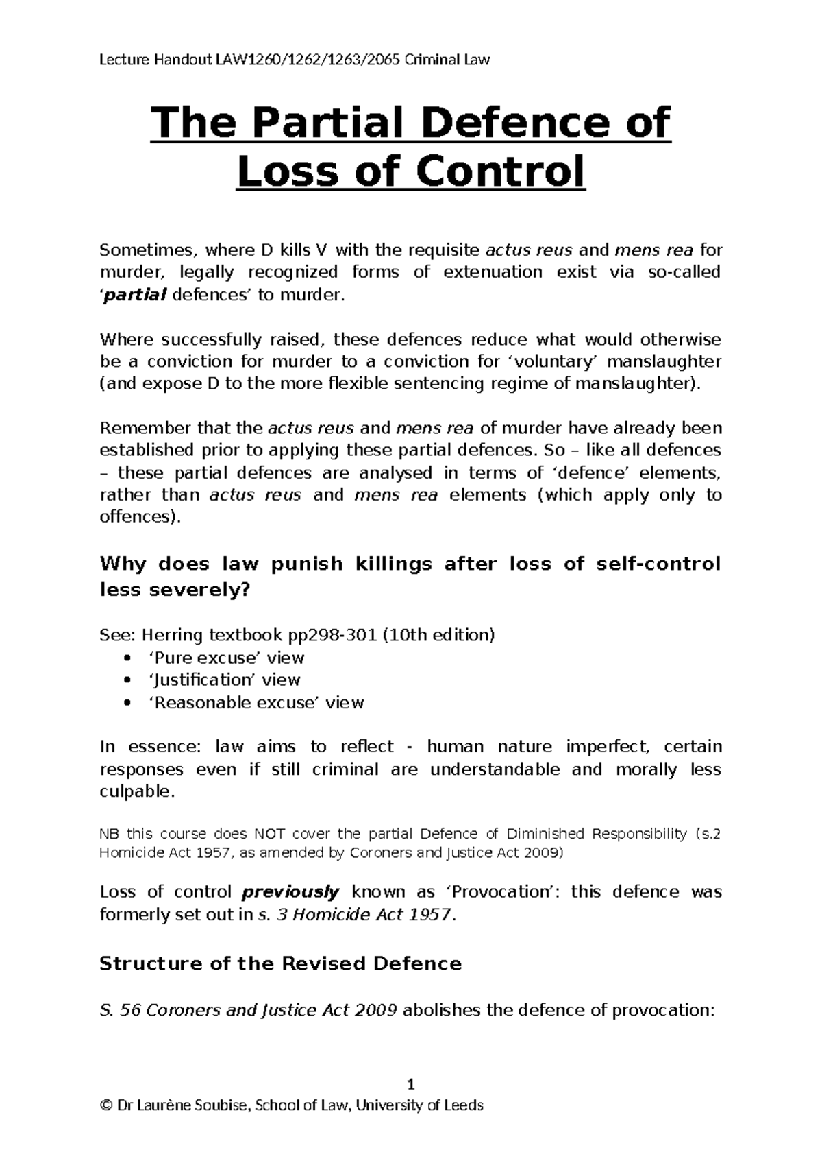 Lecture Notes on Partial Defence: Loss of Control (Law 101) - Studocu
