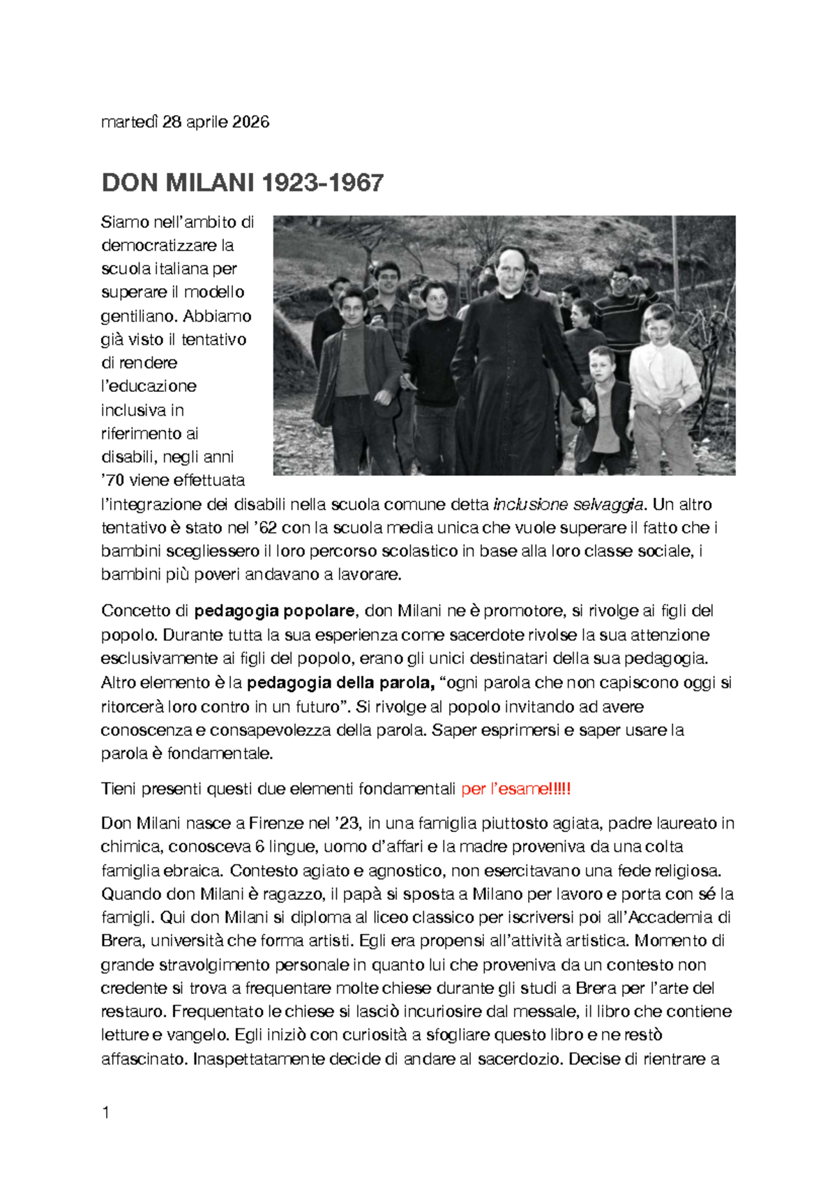 Appunti su Don Milani: Democratizzazione della Scuola Italiana - Studocu