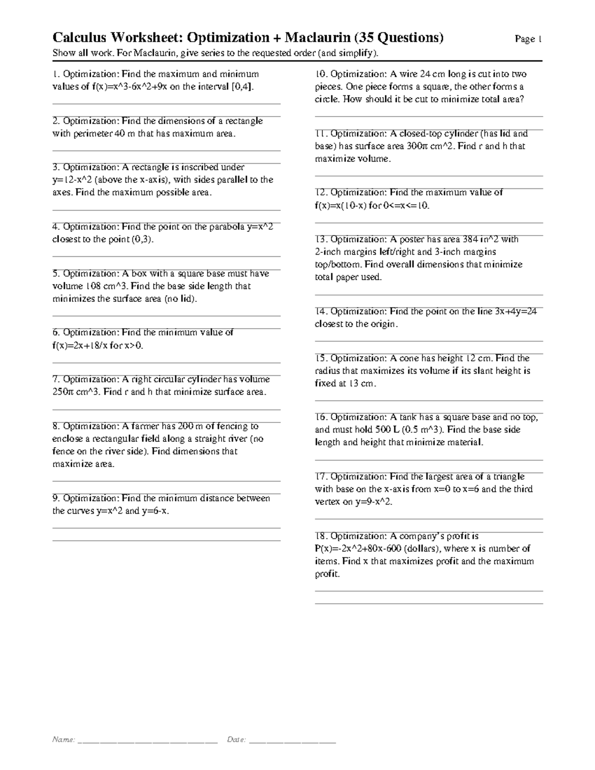 Calculus Worksheet: Optimization & Maclaurin Series (35 Qs) - Studocu