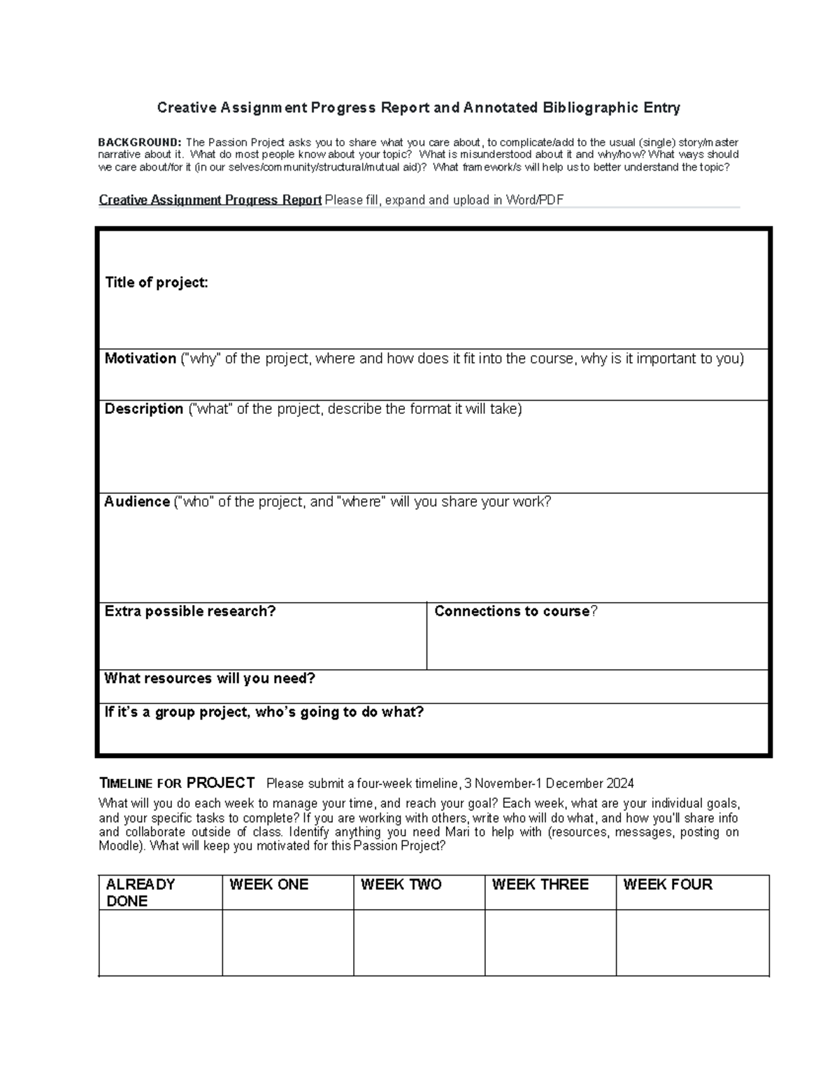 Creative Assignment Progress Report: Passion Project Guide - Studocu