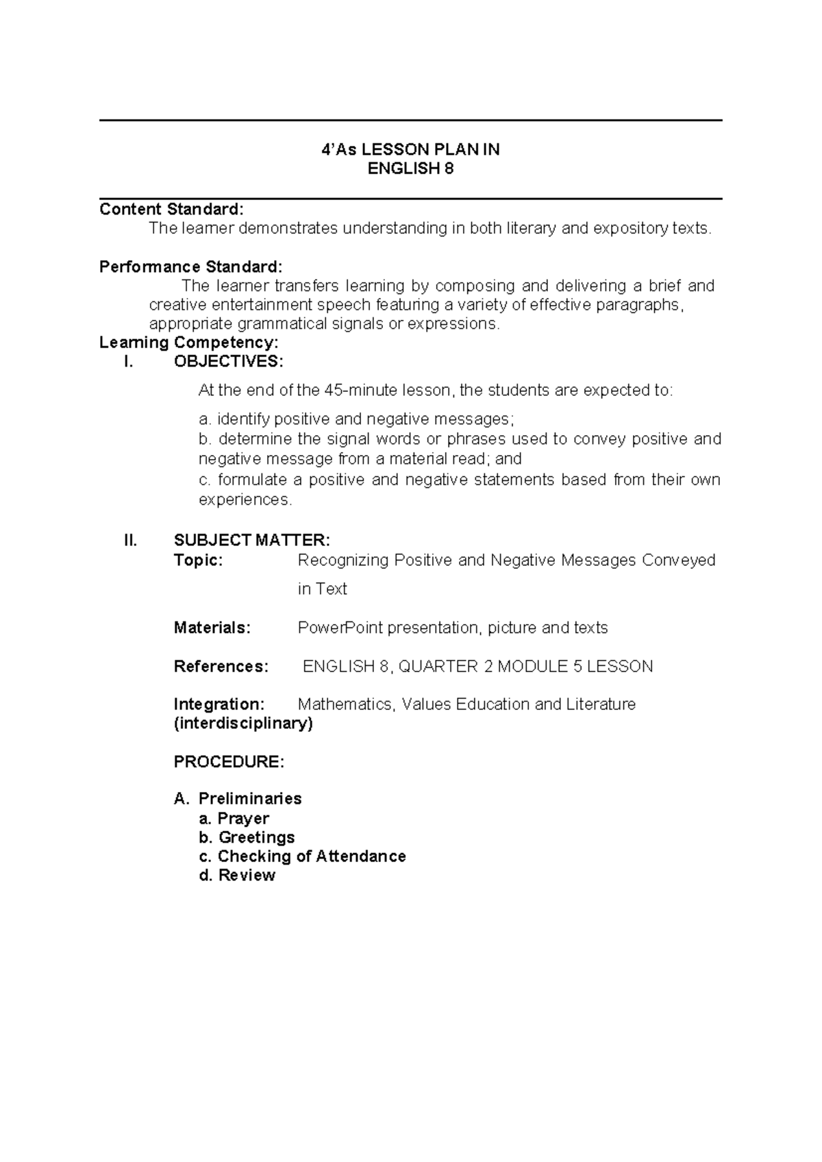 Lesson Plan: Recognizing Positive & Negative Messages - ENG 8 Demo ...