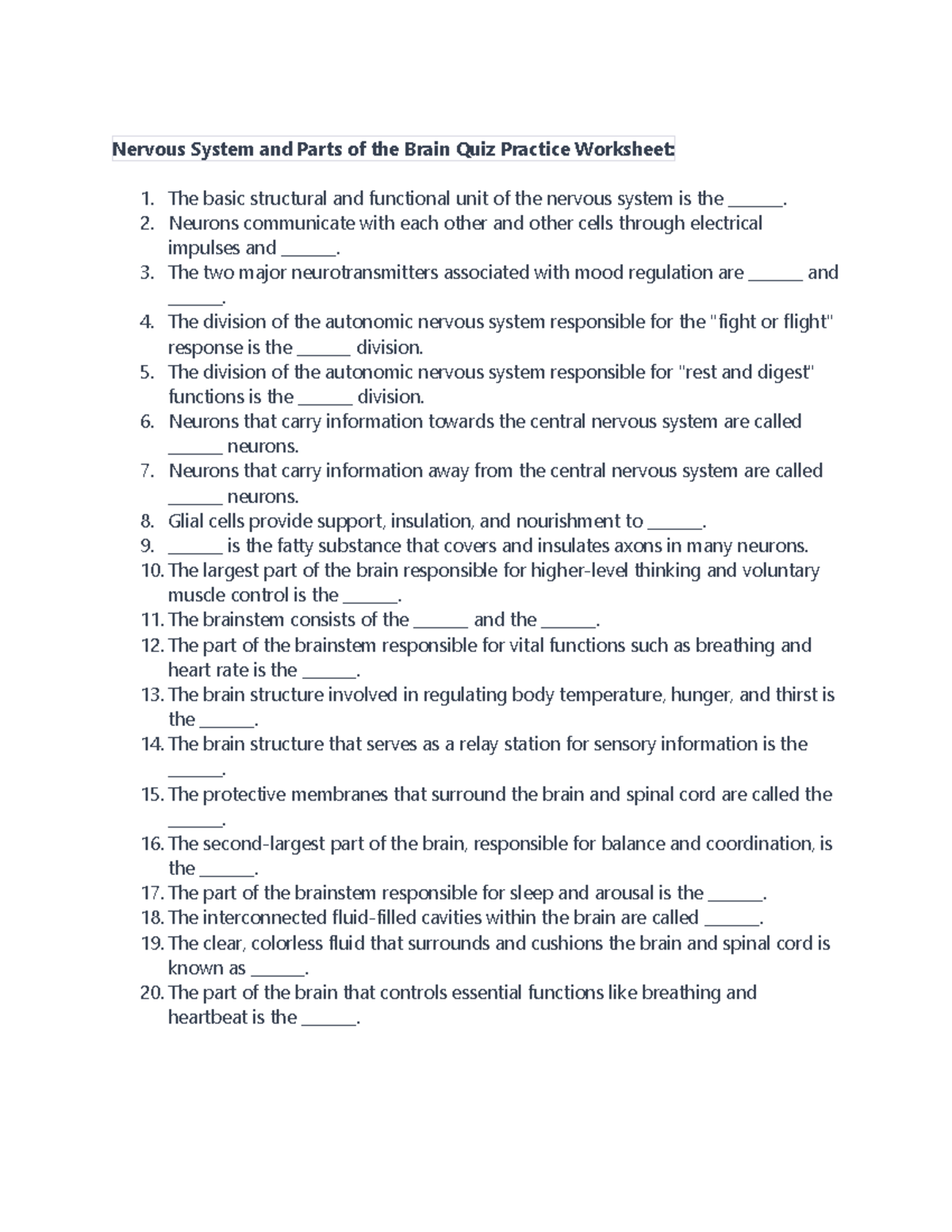 Nervous System & Brain Parts Quiz Practice Worksheet-2 - Studocu