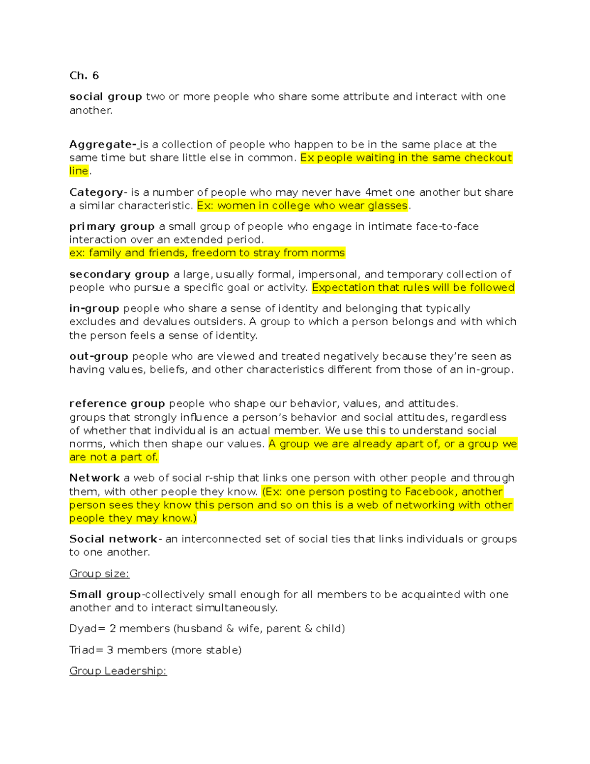 Ch 6 Sociology Notes: Groups, Leadership, and Social Institutions - Studocu