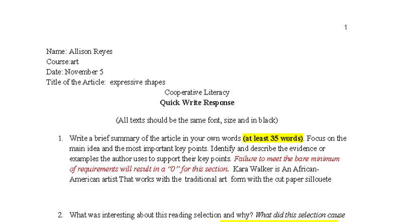 ART 101: Expressive Shapes - Cooperative Literacy Quick Write Response ...