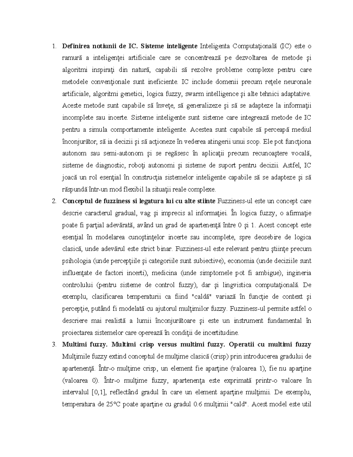 Examen Teorie IC: Sisteme Inteligente și Fuzzy - Note și Exemple - Studocu