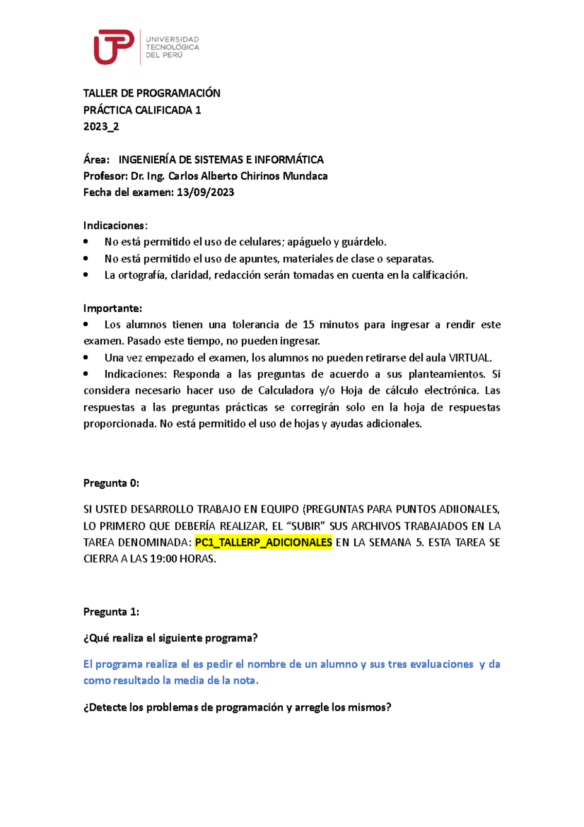 UTP - Taller de Programación (PC1) 2023 1: Guía del Examen Final - Studocu