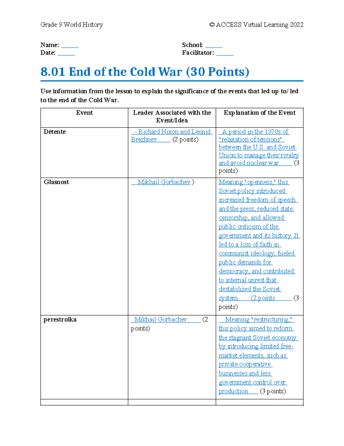 Grade 9 World History: 8.01 End of the Cold War Analysis - Studocu