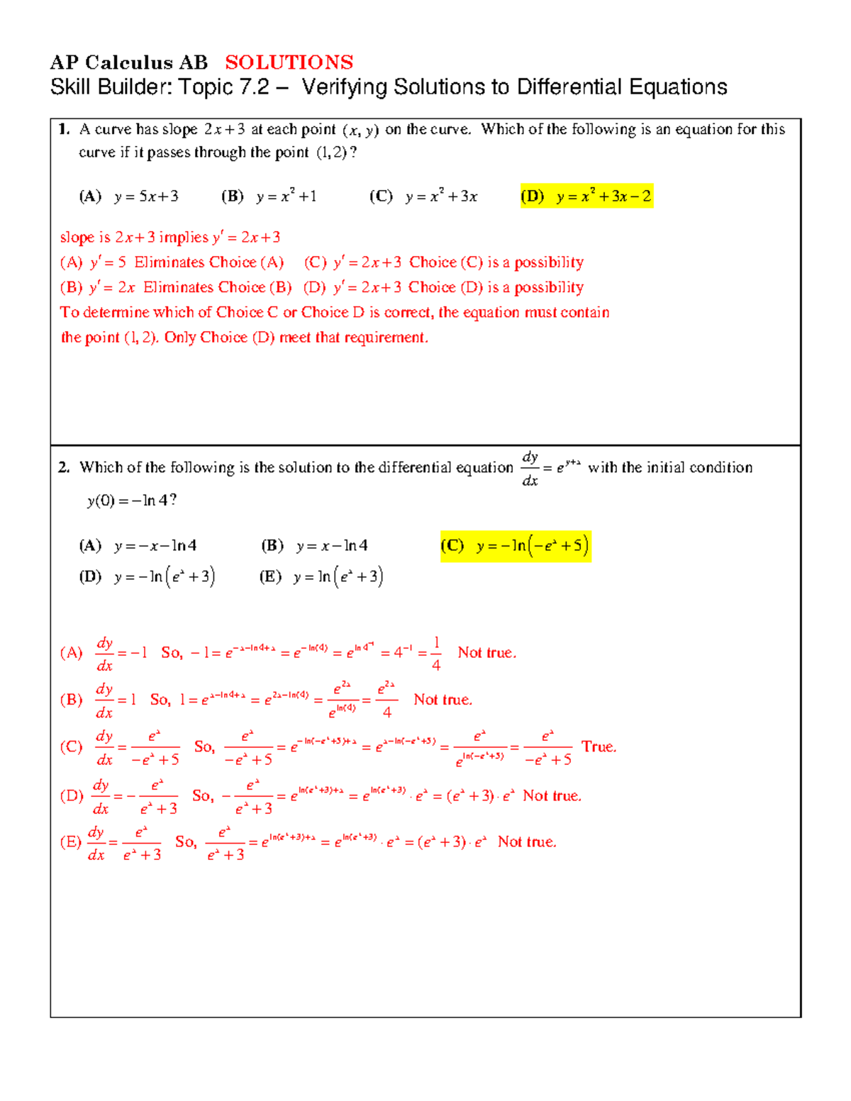 AP Calculus AB Final Exam Solutions: Differential Equations Analysis ...
