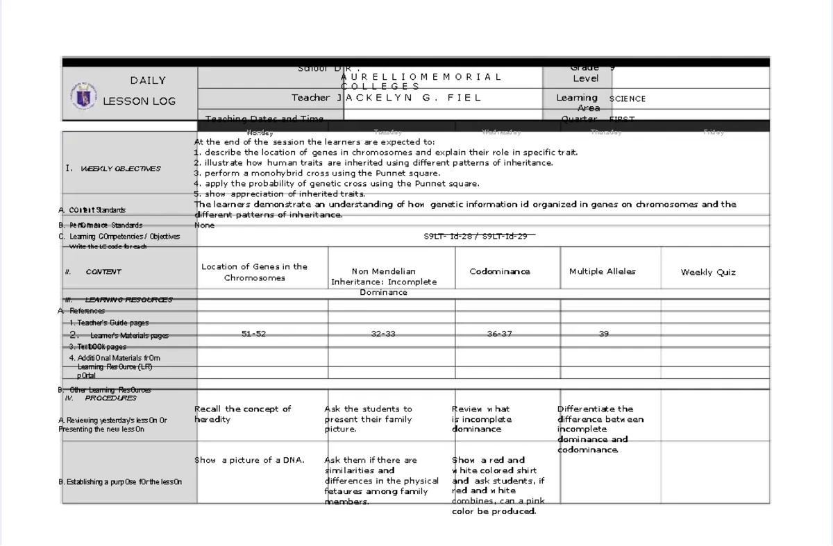 DAILY LESSON LOG: GRADE 9 SCIENCE - HEREDITY & INHERITANCE - Studocu