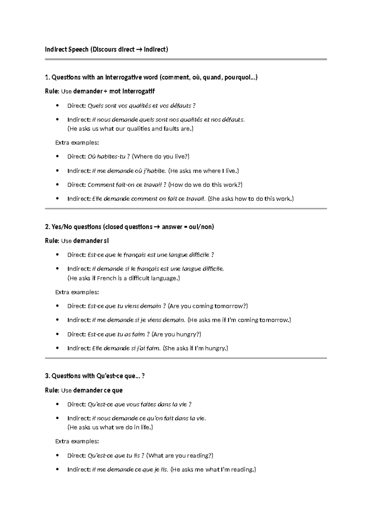 Indirect Speech in French Grammar: Notes and Examples - Studocu