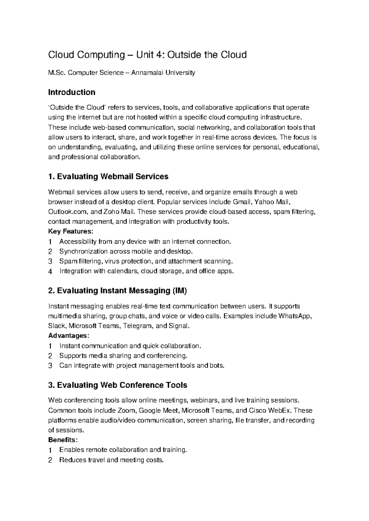 Cloud Computing Unit 4: Evaluating Online Collaboration Tools M.Sc ...