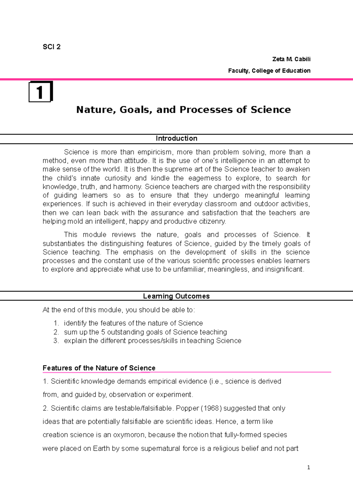 SCI 2 Module 1 - Nature, Goals, and Processes of Science - Studocu