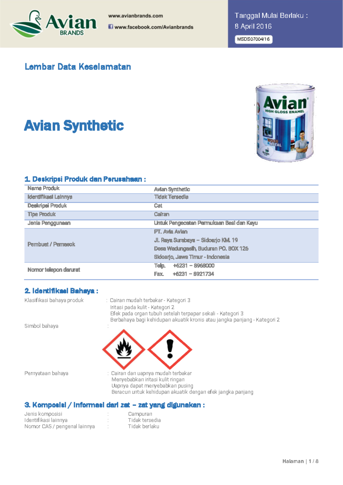 Lembar Data Keselamatan Cat Avian Synthetic (301-08-06) - Studocu