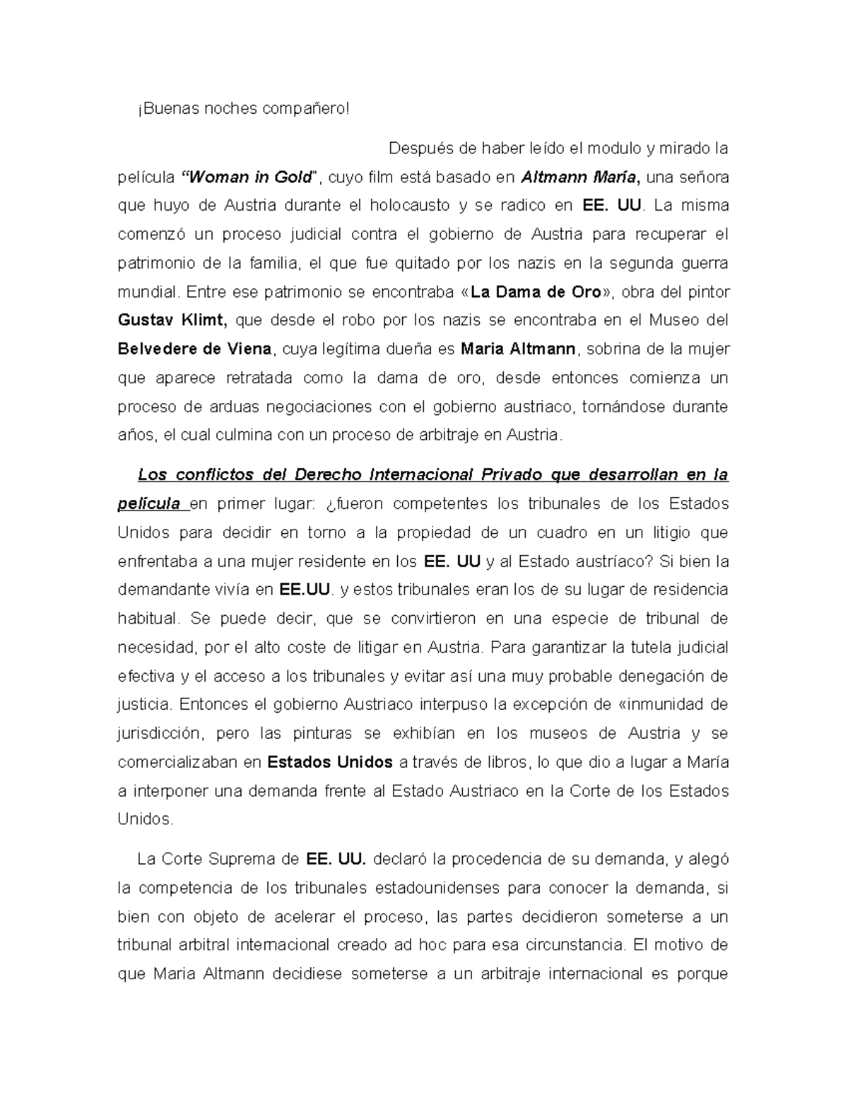 Foro Evaluable 2 - Análisis de Derecho Internacional Privado en "Woman in Gold" - Studocu