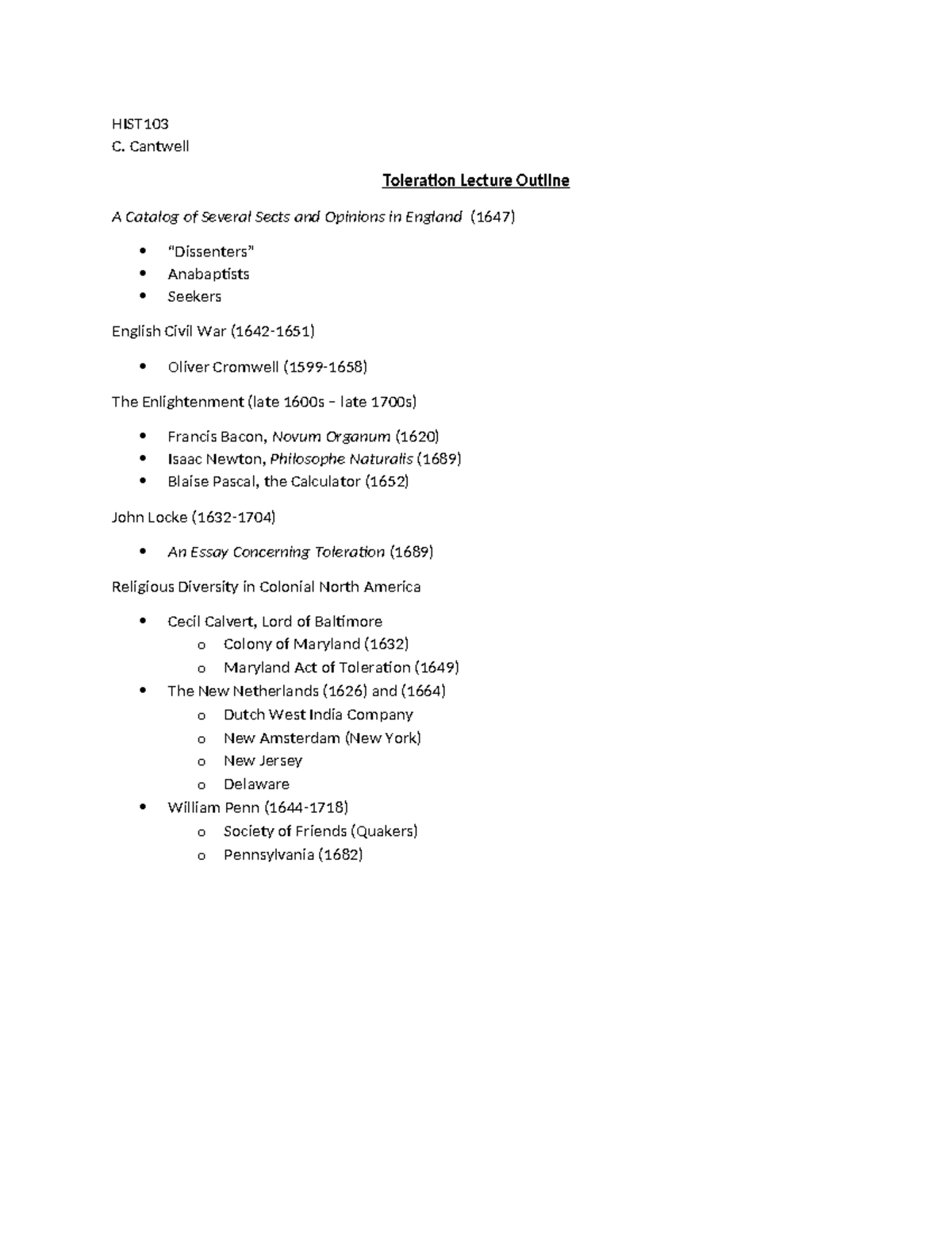 HIST103 Final Exam Notes: Toleration & Religious Diversity in Early ...