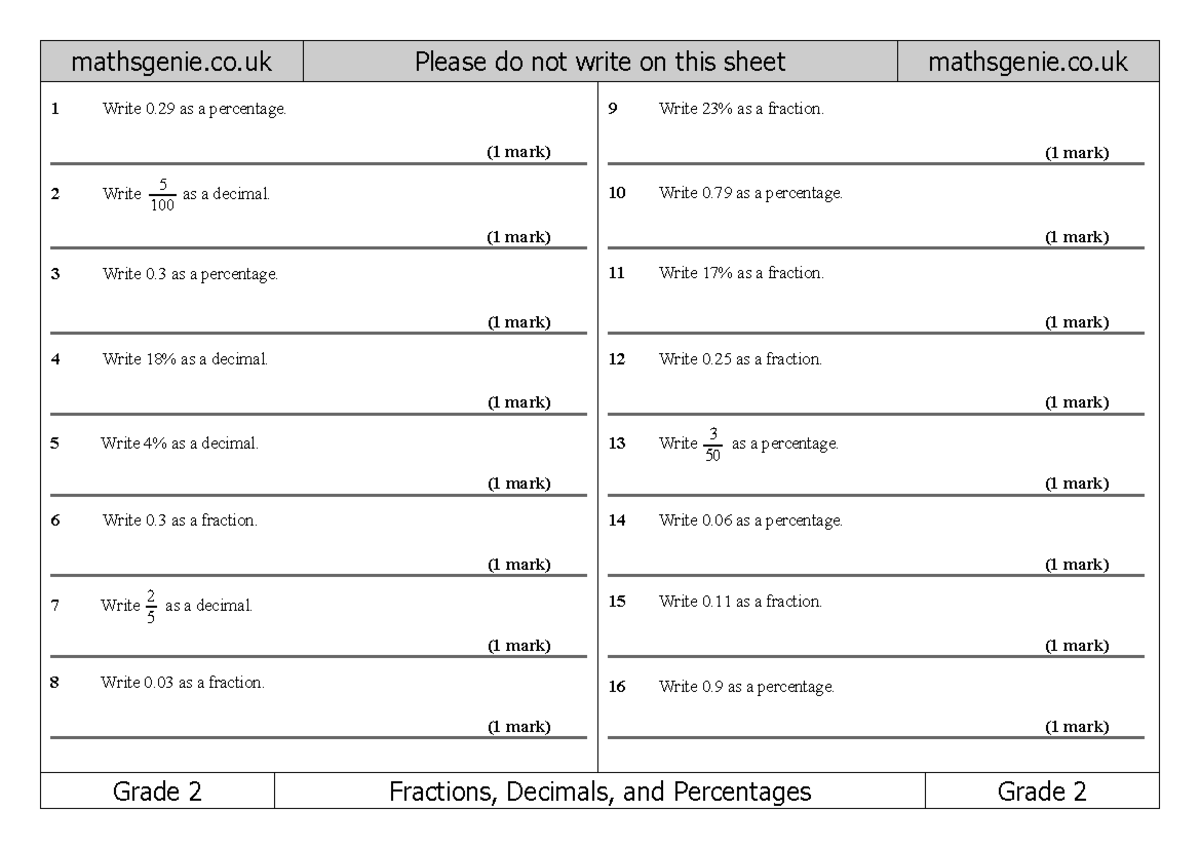 2 fractions decimals and percentages ws - mathsgenie.co Grade 2 ...