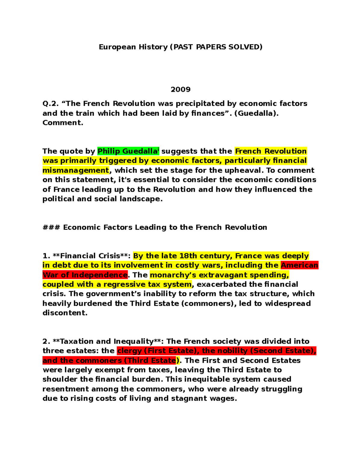 European History (PAST PAPERS SOLVED) - Economic Factors in the French ...