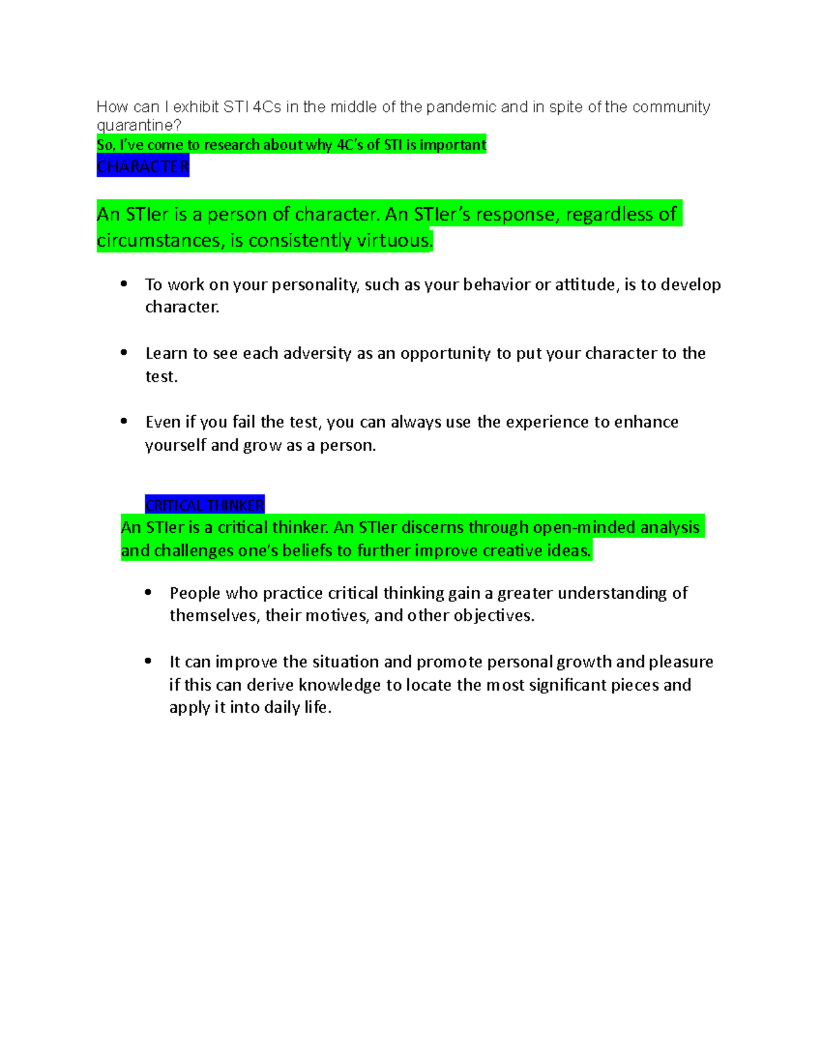 Draft - euthenics essay 1 - How can I exhibit STI 4Cs in the middle of ...