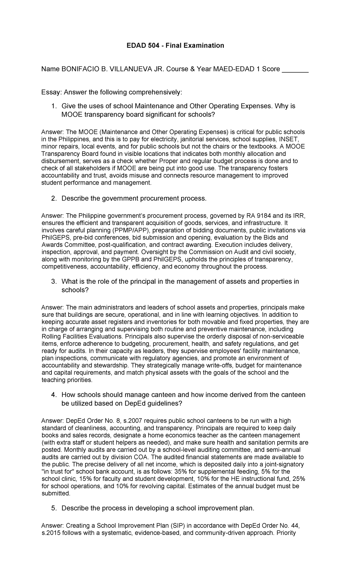 EDAD 504 Final Exam: MOOE, Procurement, and School Management Insights ...
