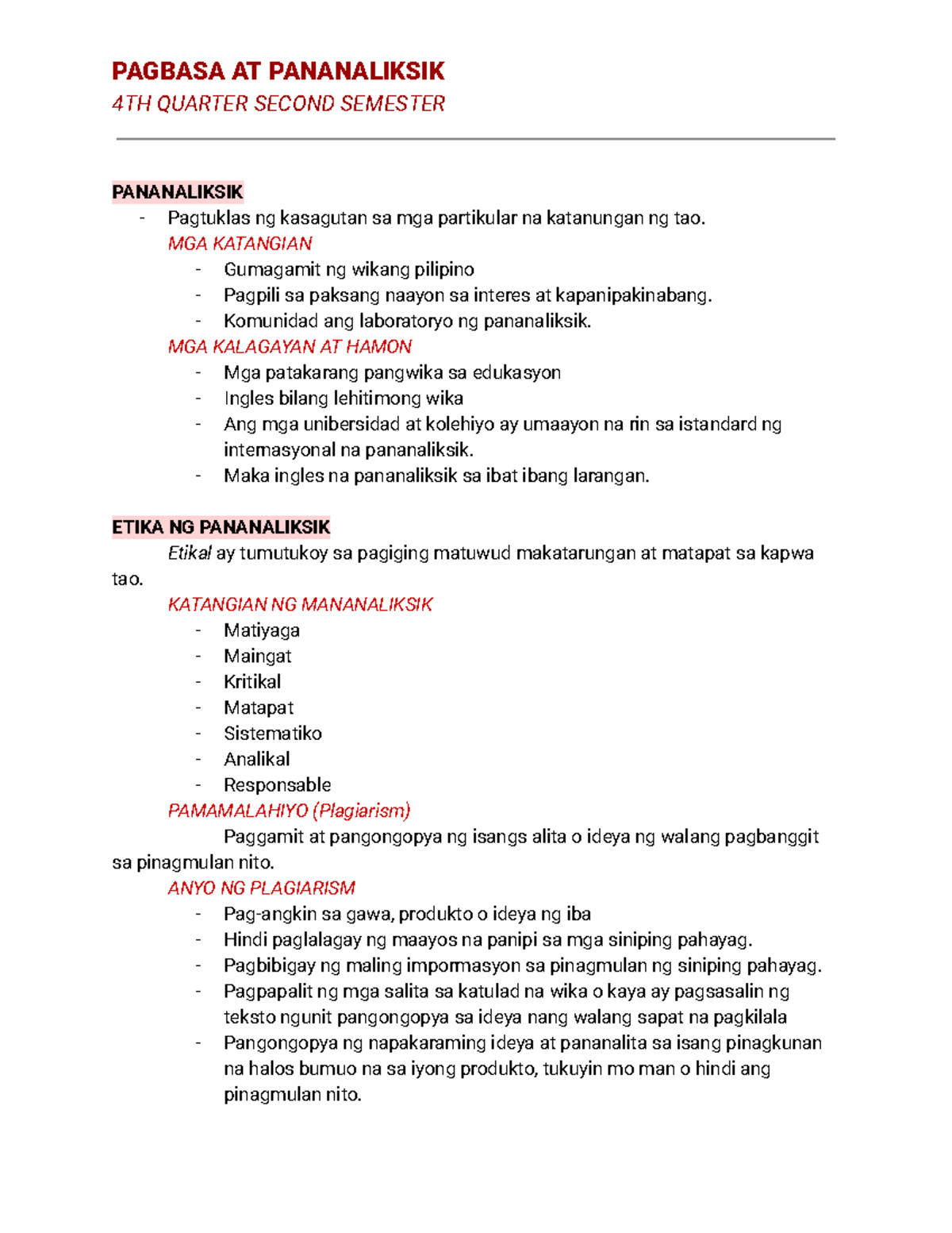 PAGBASA AT PANANALIKSIK 4TH QUARTER SECOND SEMESTER: Gabay sa Proseso ...