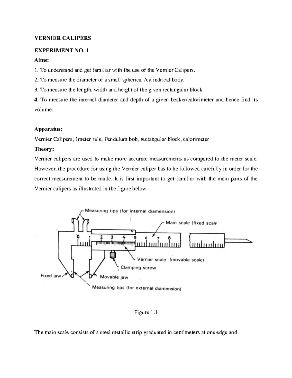 Lab Manual for Vernier Calipers Experiment 1 - Physics 101 - Studocu