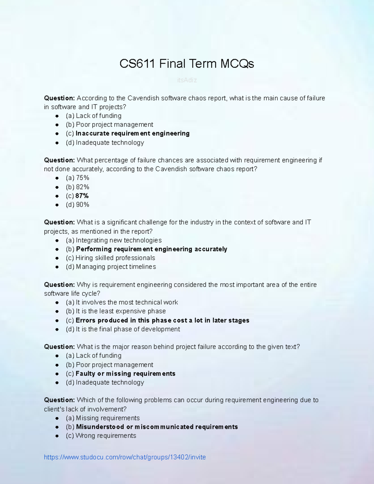 CS611 Final Term MCQs - Software & IT Project Management Challenges - Studocu