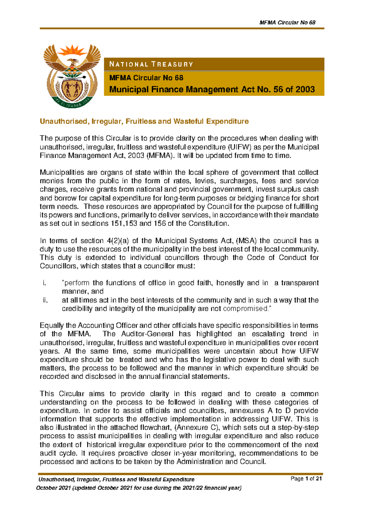 MFMA Circular 68 - Guidelines on UIFW Expenditure Management - Studocu