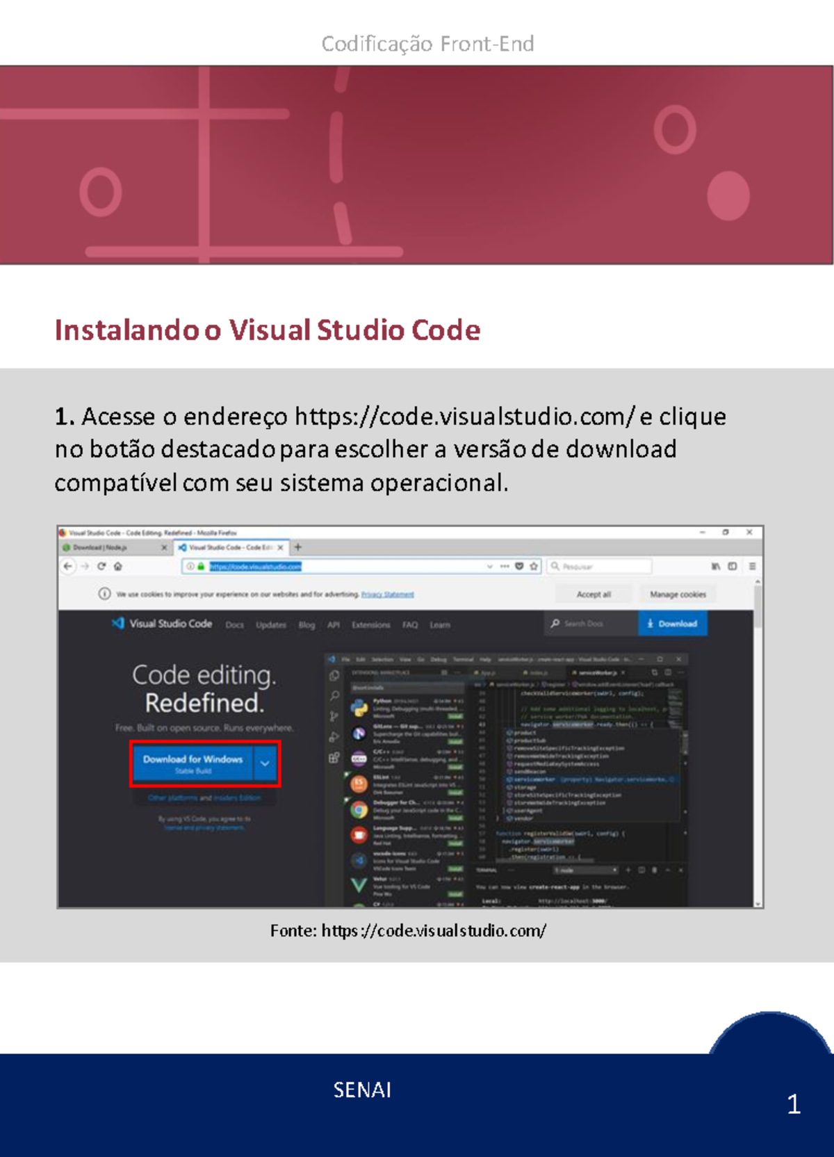 Instalação do Visual Studio Code para o SENAI: Guia Passo a Passo - Studocu
