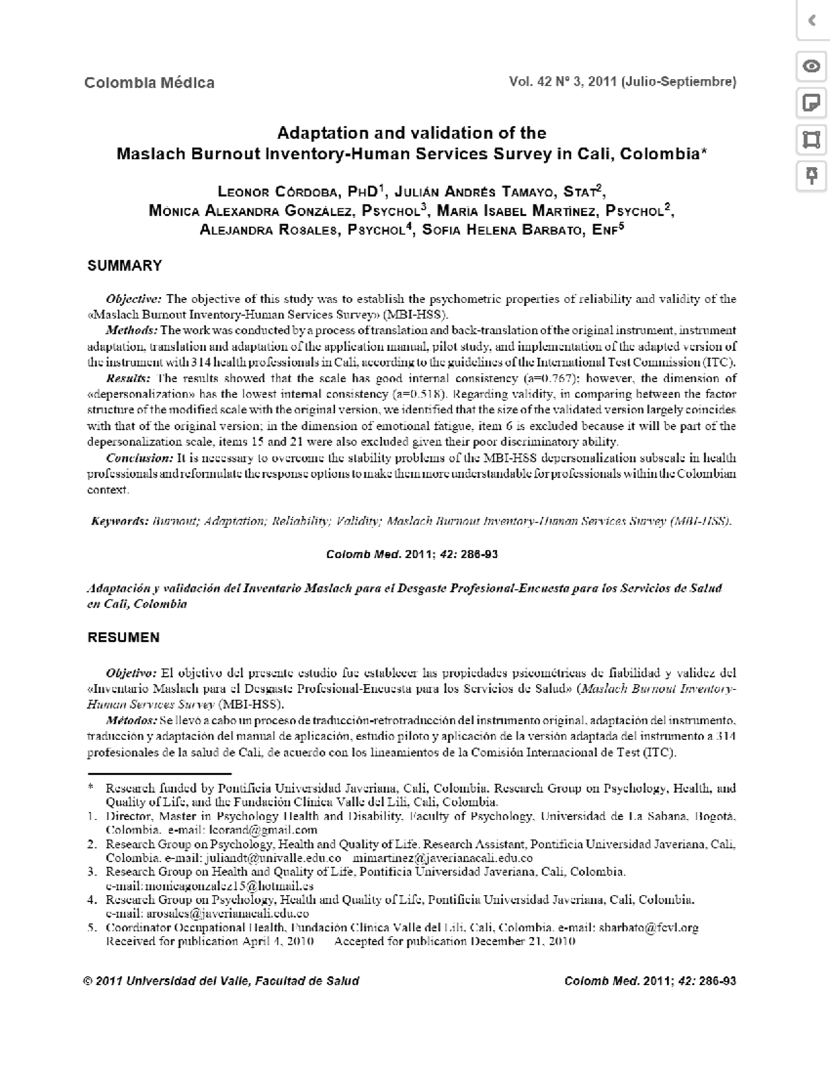 Adaptación y Validación del Inventario Maslach Burnout en Cali, COL 4 ...