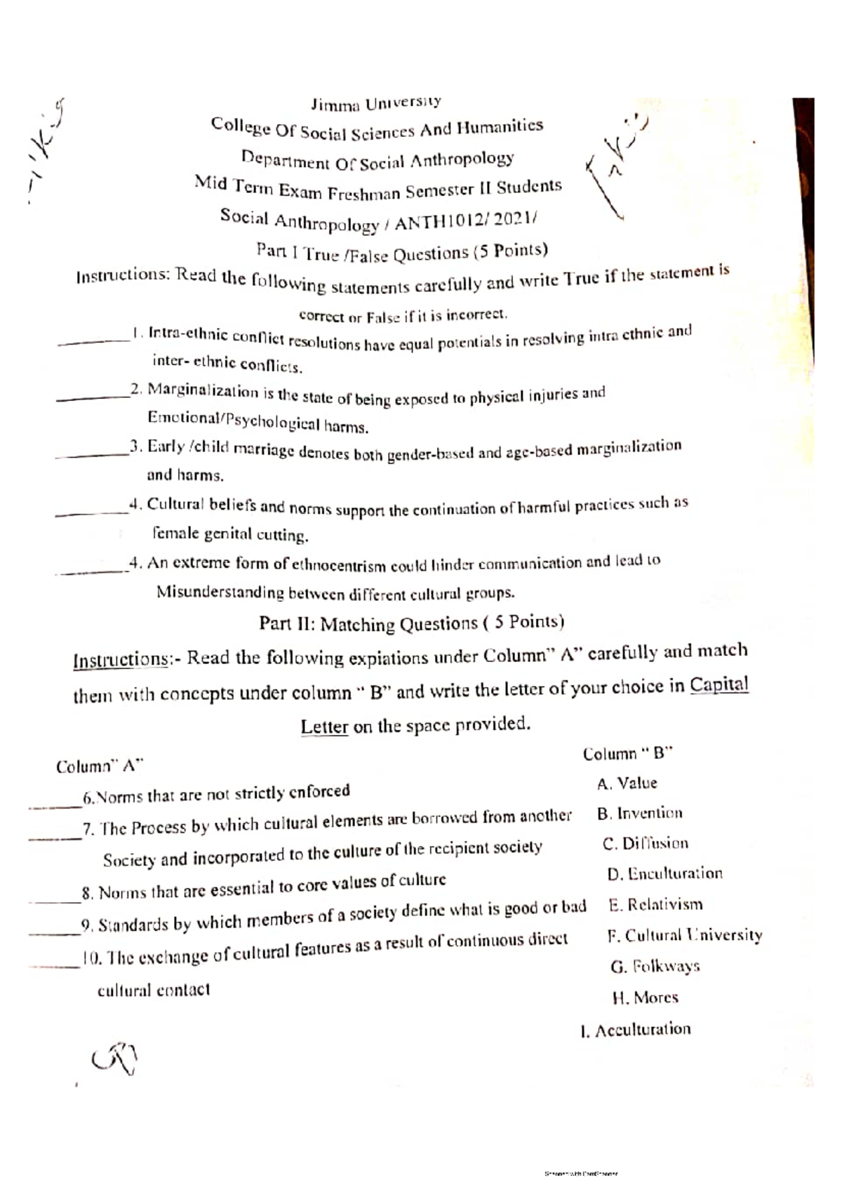 @freshmanexams..Ju Anthro Mid - Jimma University College Of Social ...