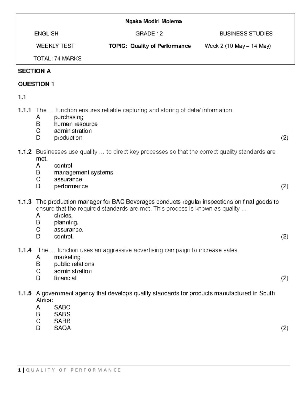 Quality Performance Weekly Test: Grade 12 Business Studies - Studocu