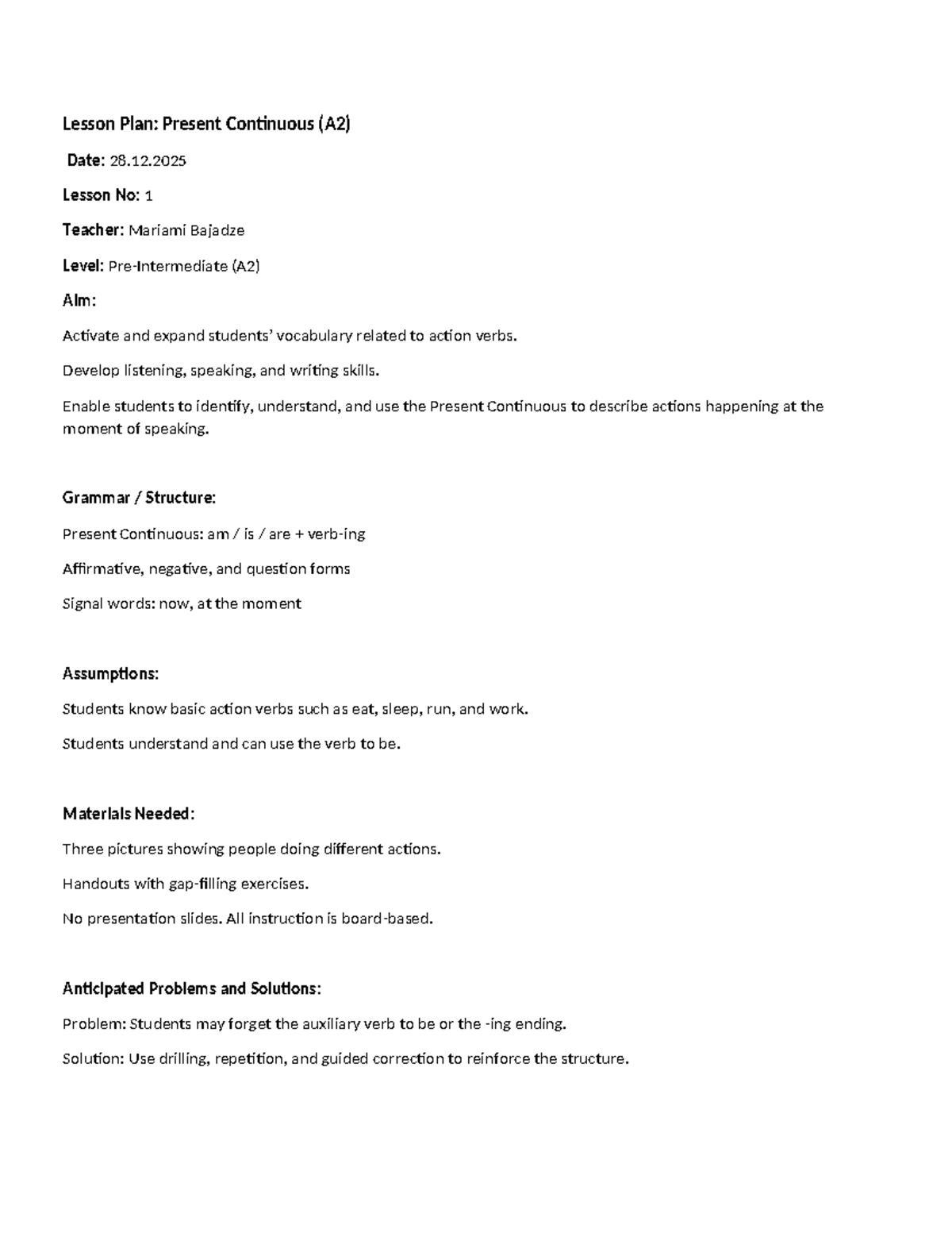 A2 Lesson Plan: Present Continuous for Action Verbs - Studocu
