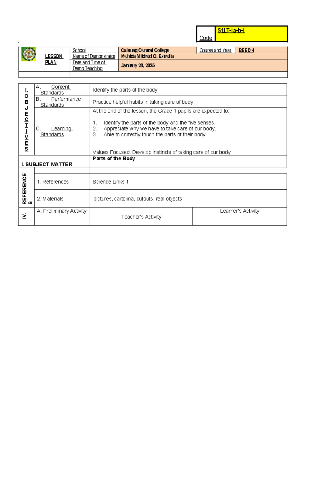 BEED 4 - English 1 Lesson Plan on Parts of the Body and Senses - Studocu