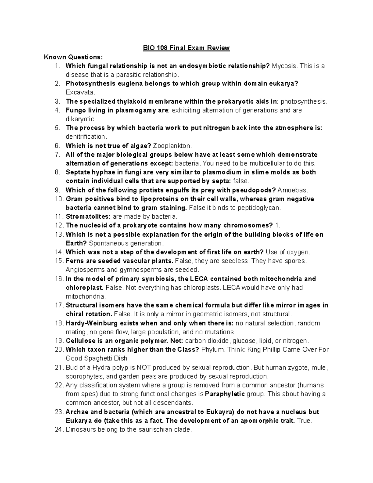 BIO 108 Final Exam Review - BIO 108 Final Exam Review Known Questions ...
