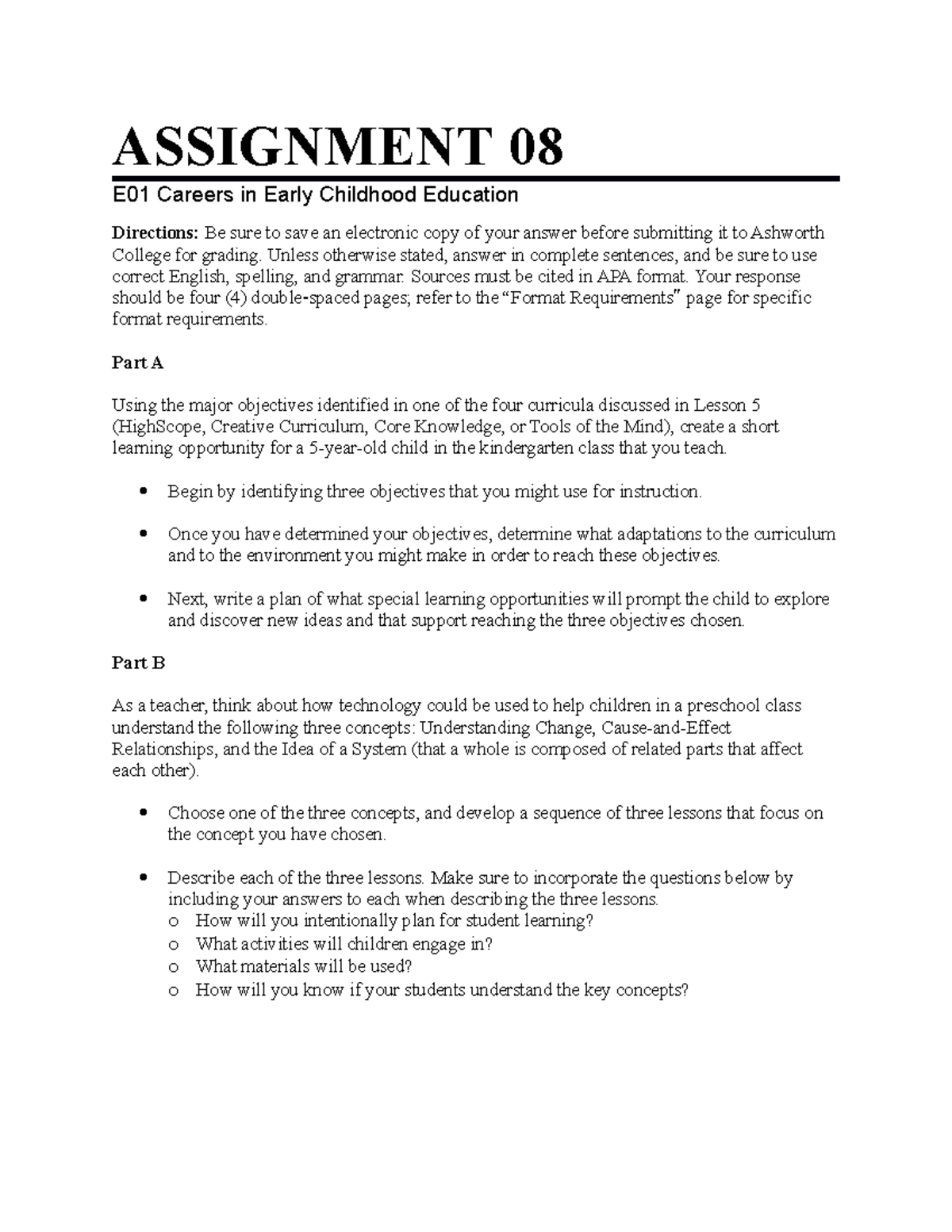 E01G Assignment 8 - Early Education Childhood - ASSIGNMENT 08 E01 Careers in Early Childhood ...