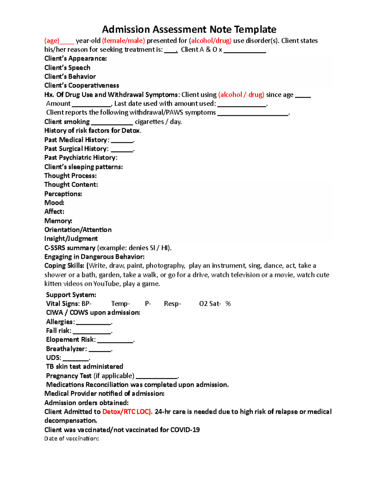 Admission Assessment Note Template for Alcohol/Drug Use Disorder - Studocu