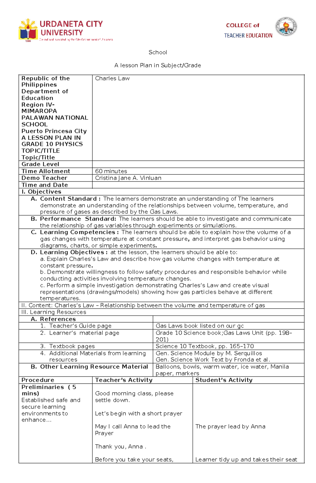 Grade 10 Physics Lesson Plan: Understanding Gas Laws - Studocu