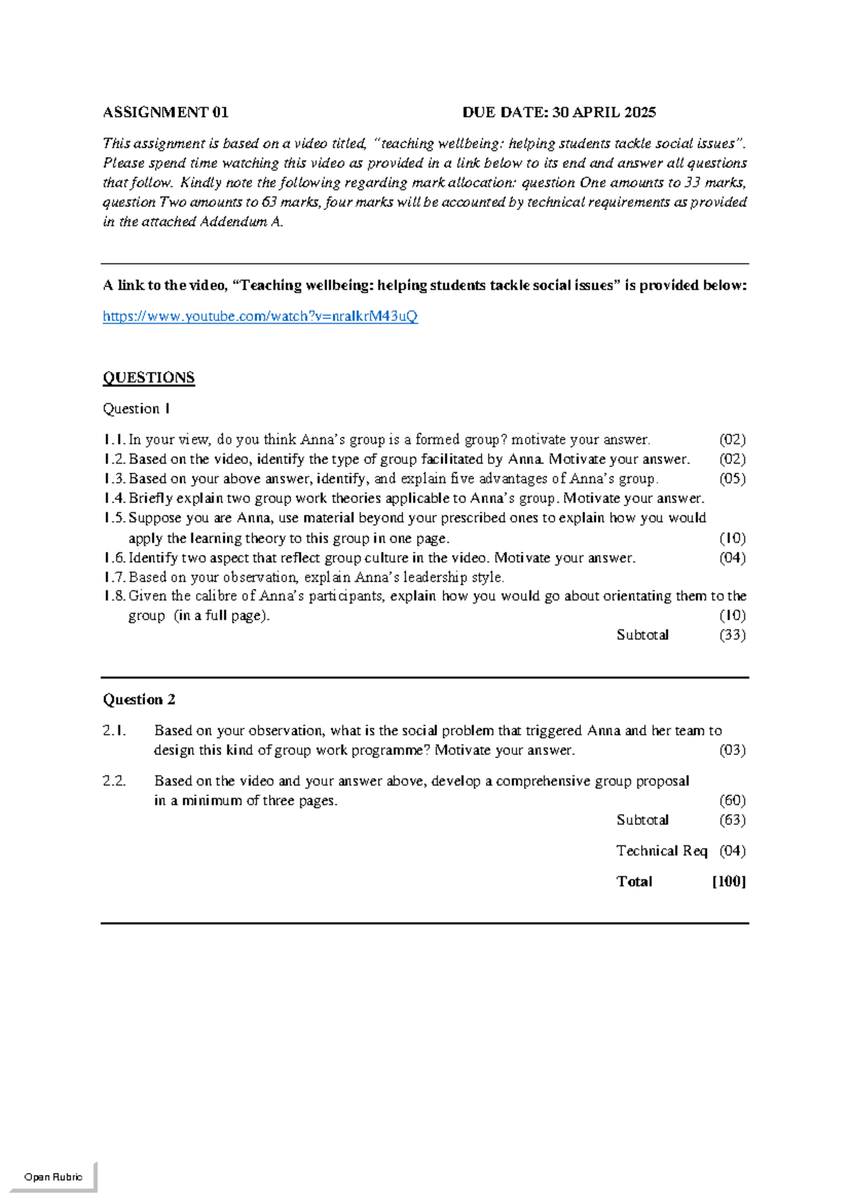 BSW 3702 Assignment 01 - Analysis of Group Dynamics in a Video Case Study - Studocu