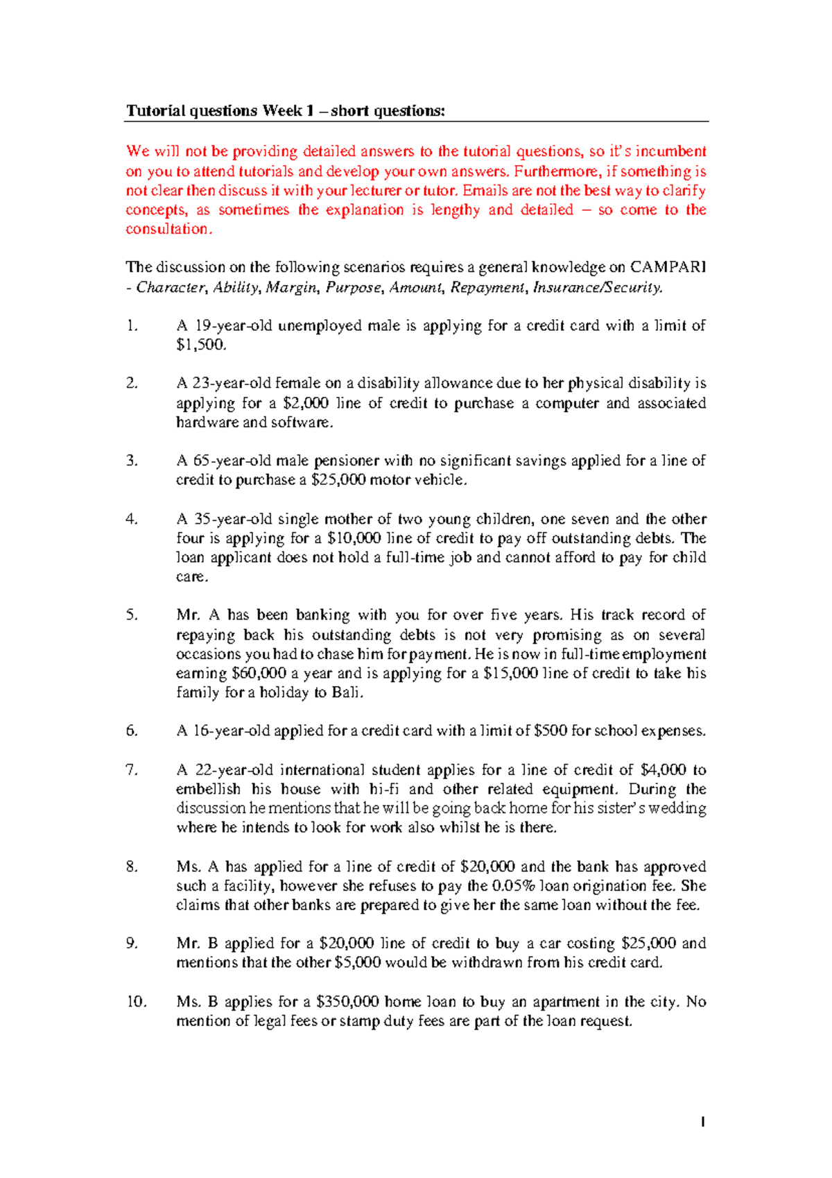 Tutorial Questions Week 1 - Understanding CAMPARI Scenarios - Studocu