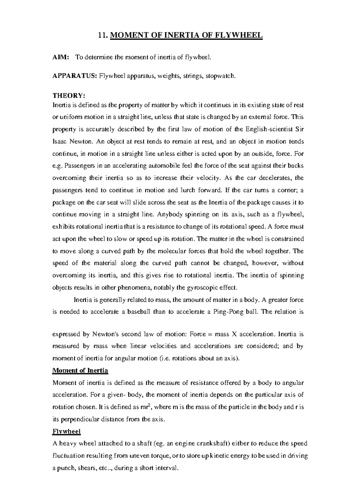 11. MOMENT OF INERTIA OF FLYWHEEL - 11. MOMENT OF INERTIA OF FLYWHEEL ...