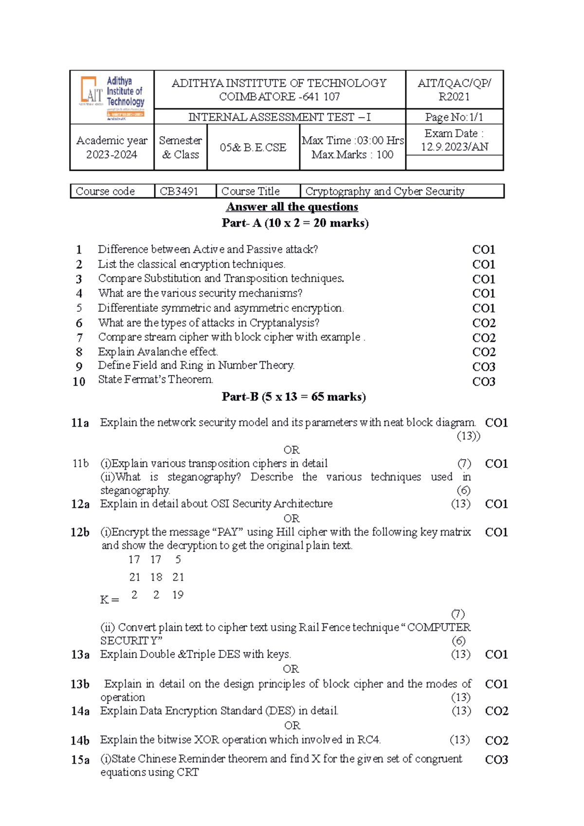 IA 1 QP - Assessment Question Paper for CB3491: Cryptography & Cyber ...