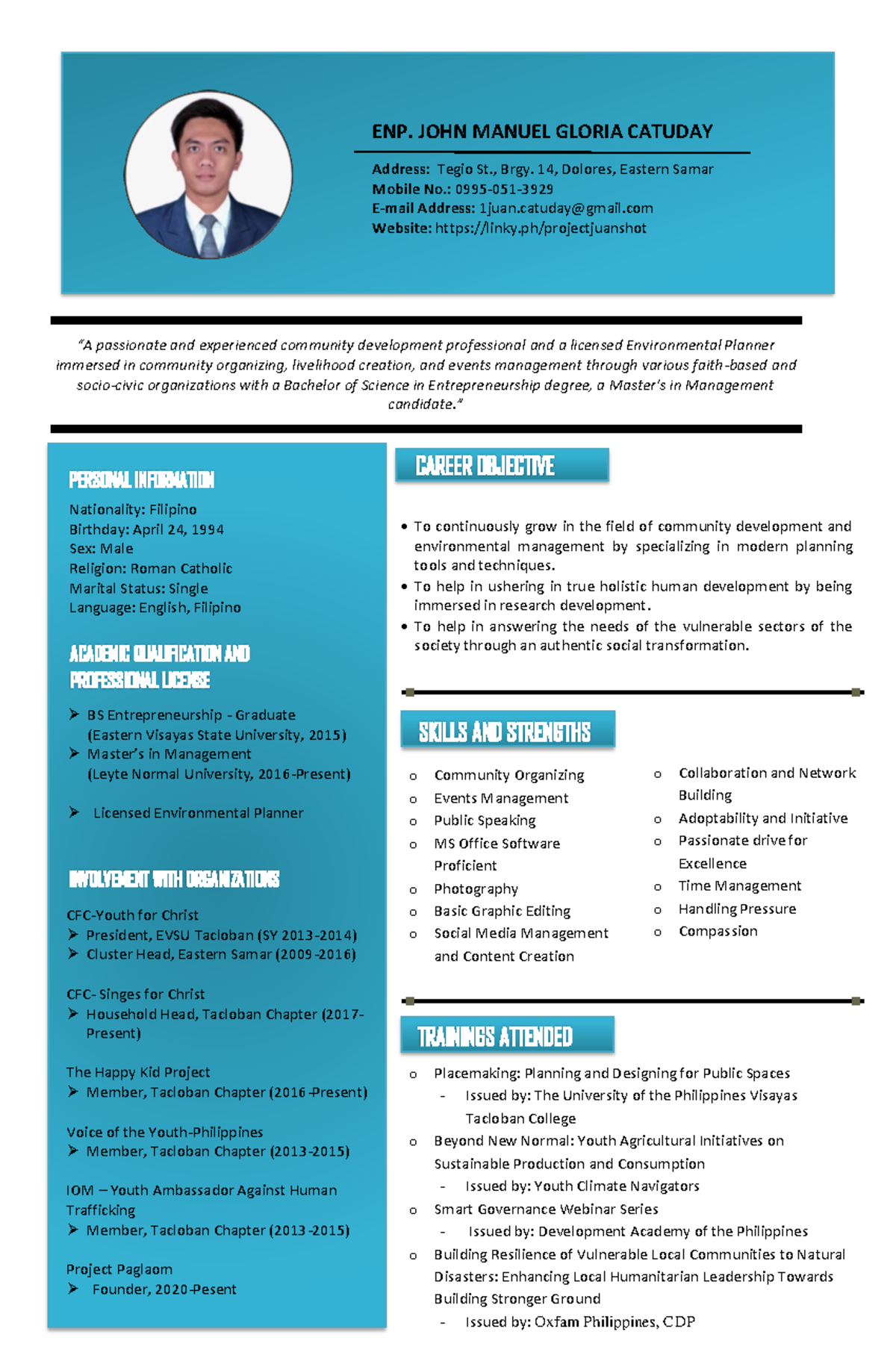 Curriculum Vitae of ENP. JOHN MANUEL GLORIA CATUDAY - 2022 - Studocu