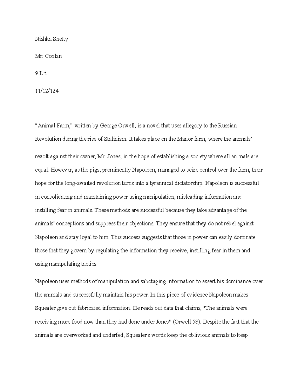 Animal farm essay 2 - Nishka Shetty Mr. Conlan 9 Lit 11/12/ “Animal ...