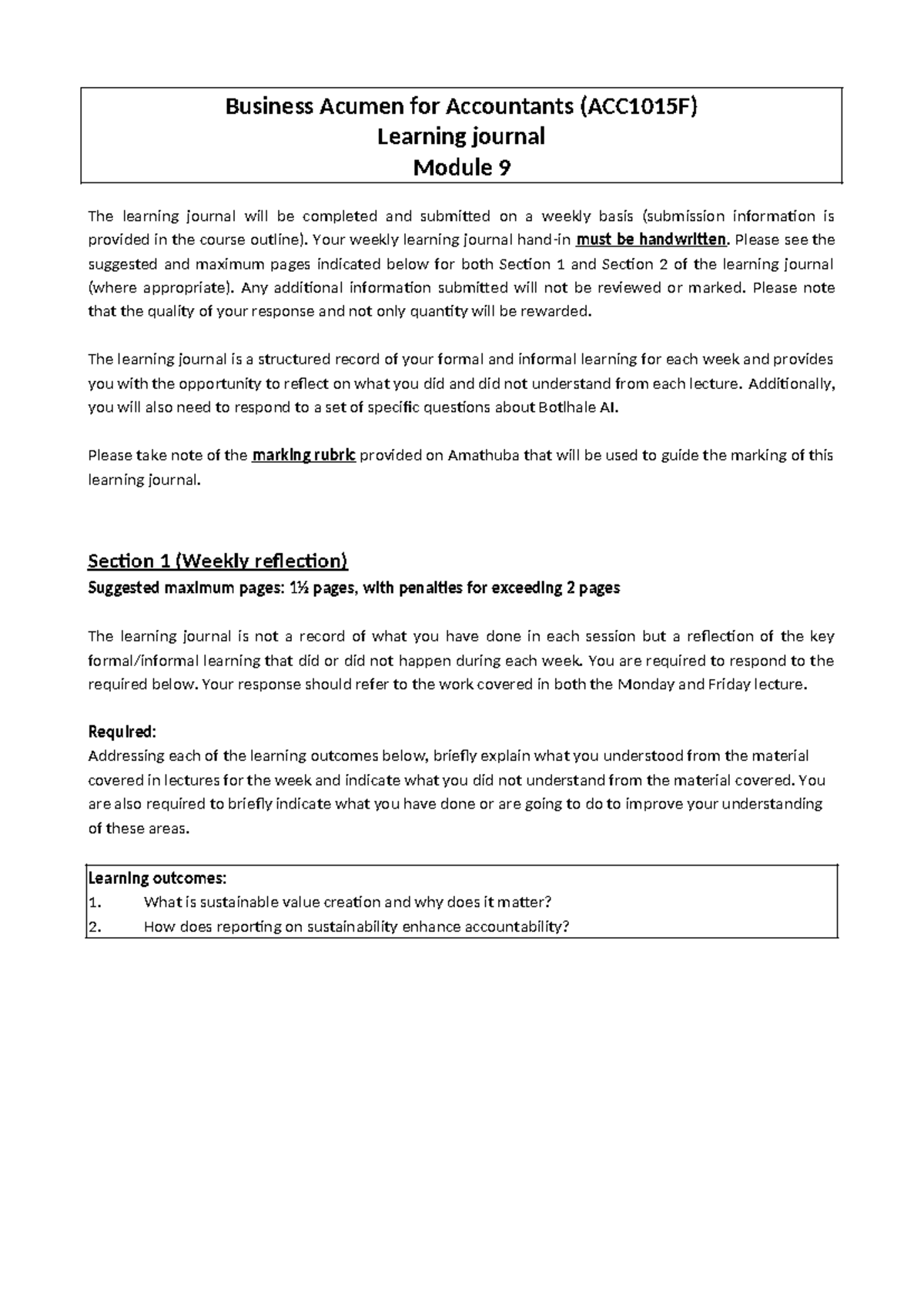 ACC1015F Module 9 Learning Journal: Weekly Reflection & Insights - Studocu