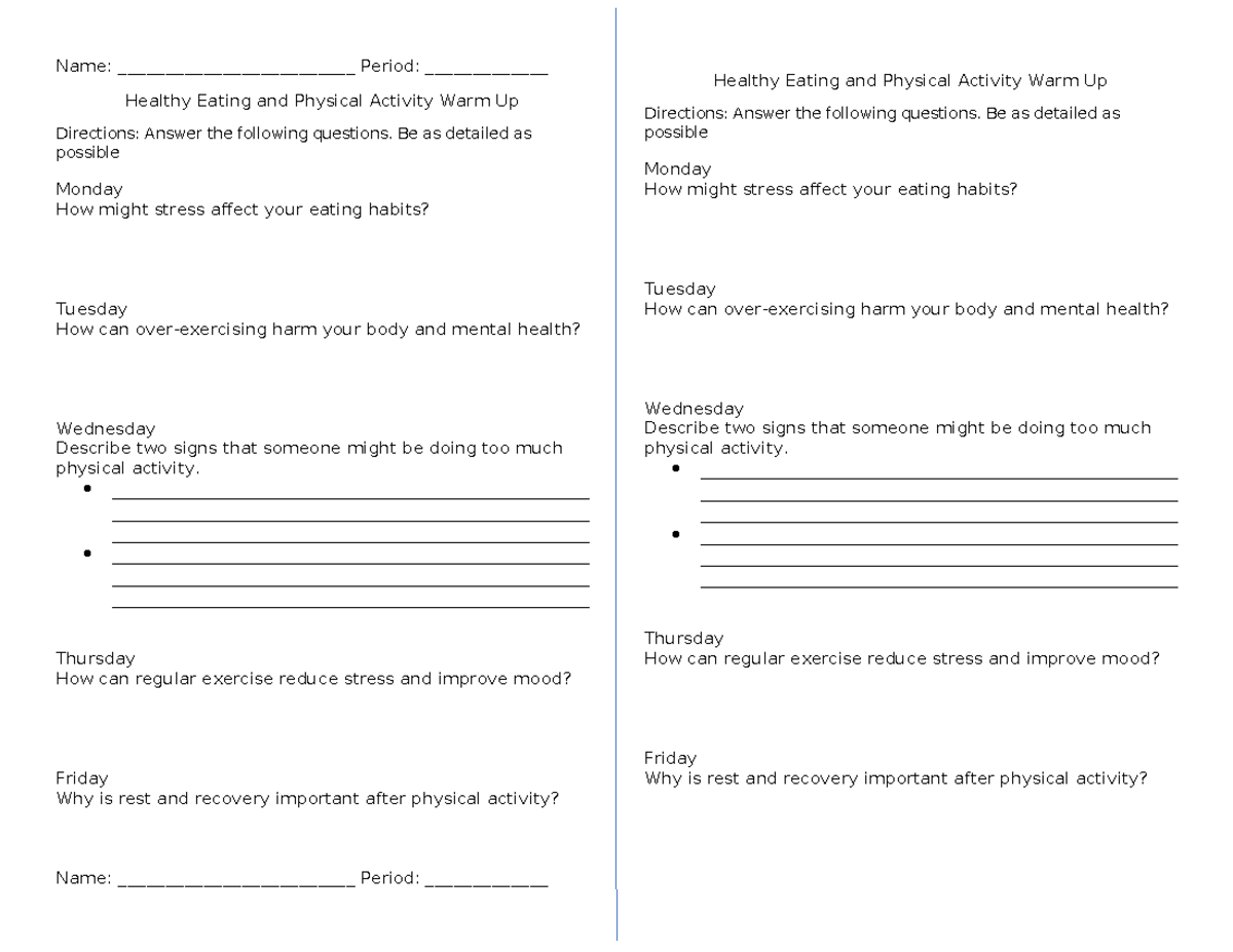 Healthy Eating & Physical Activity Warm Up Questions - Studocu